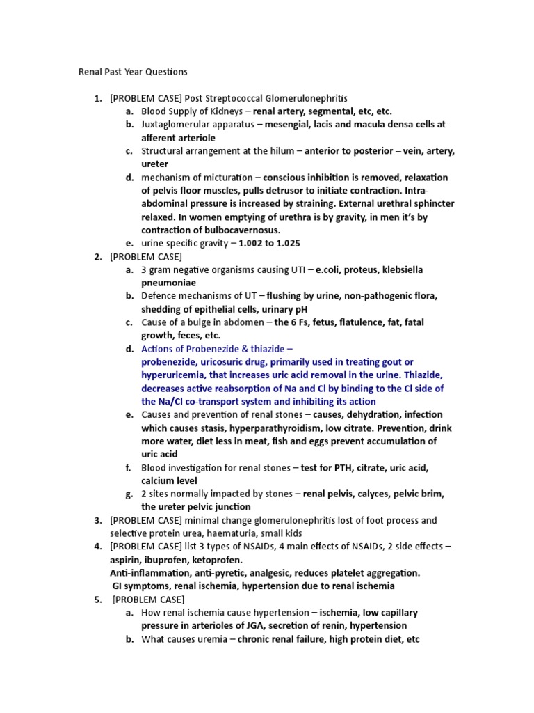 Renal Past Year Questions | PDF | Kidney | Renal Function