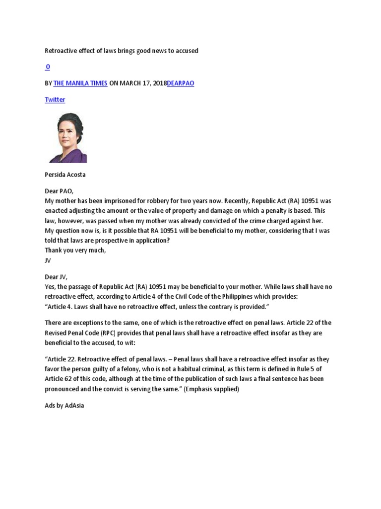 Retroactive Effect of Laws Brings Good News To Accused | PDF | Ex Post ...
