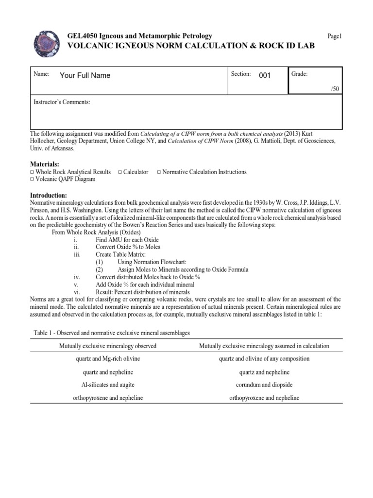Volcanic Igneous Norm Calculation & Rock Id Lab: Your Full Name 001 ...