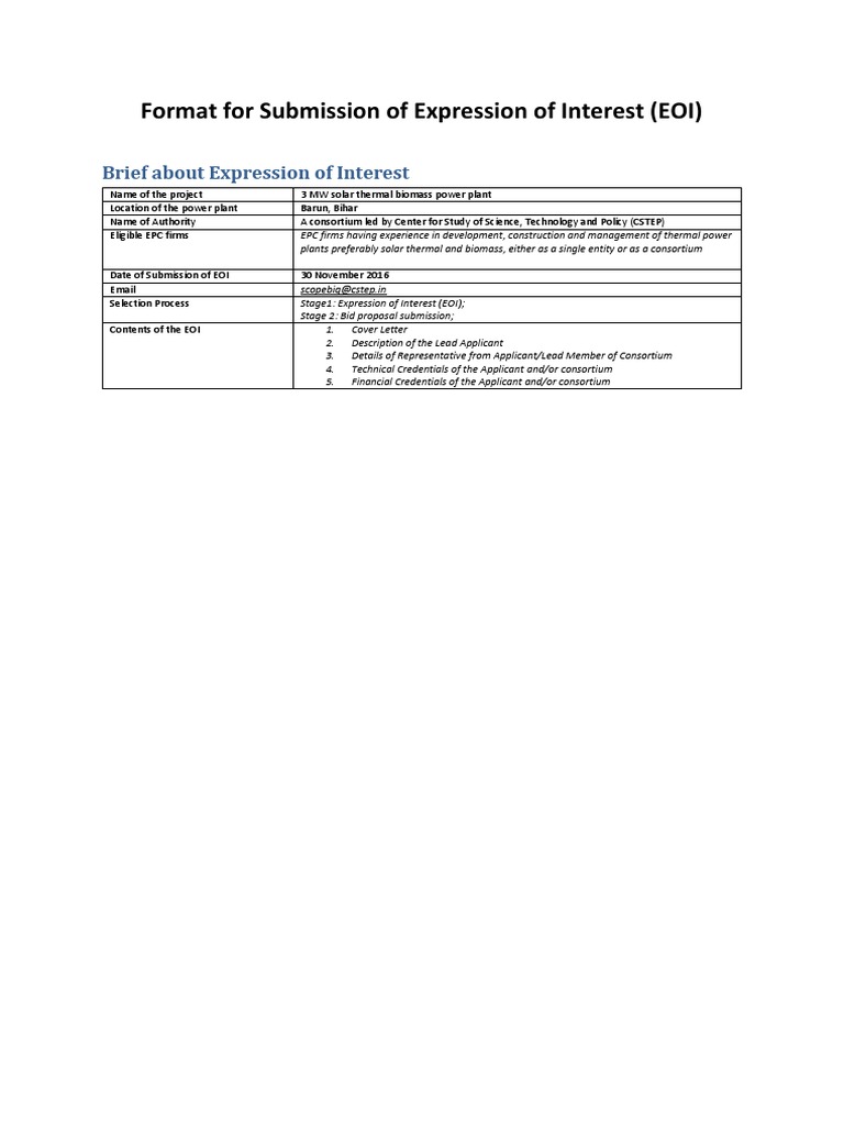 Format For Submission of Expression of Interest | Download Free PDF ...