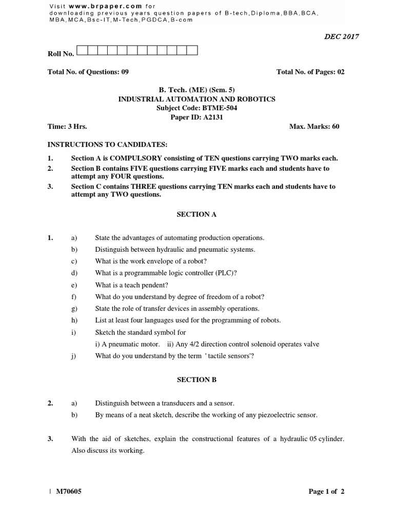 Industrial Automation & Robotics PTU Question Papers | Download Free ...