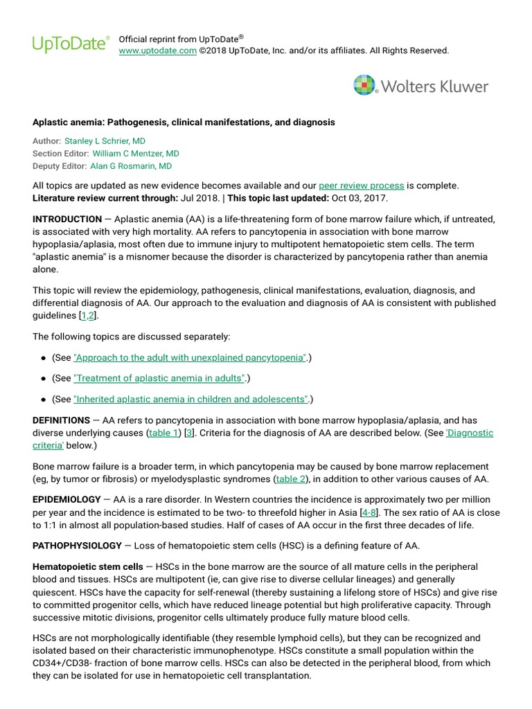 Aplastic Anemia - Pathogenesis, Clinical Manifestations, and Diagnosis ...