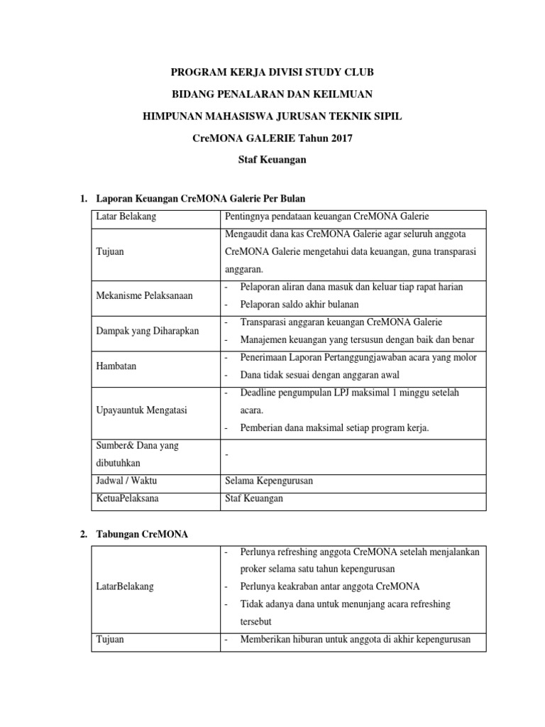 Program Kerja Staf Keuangan 2017 Fix | PDF