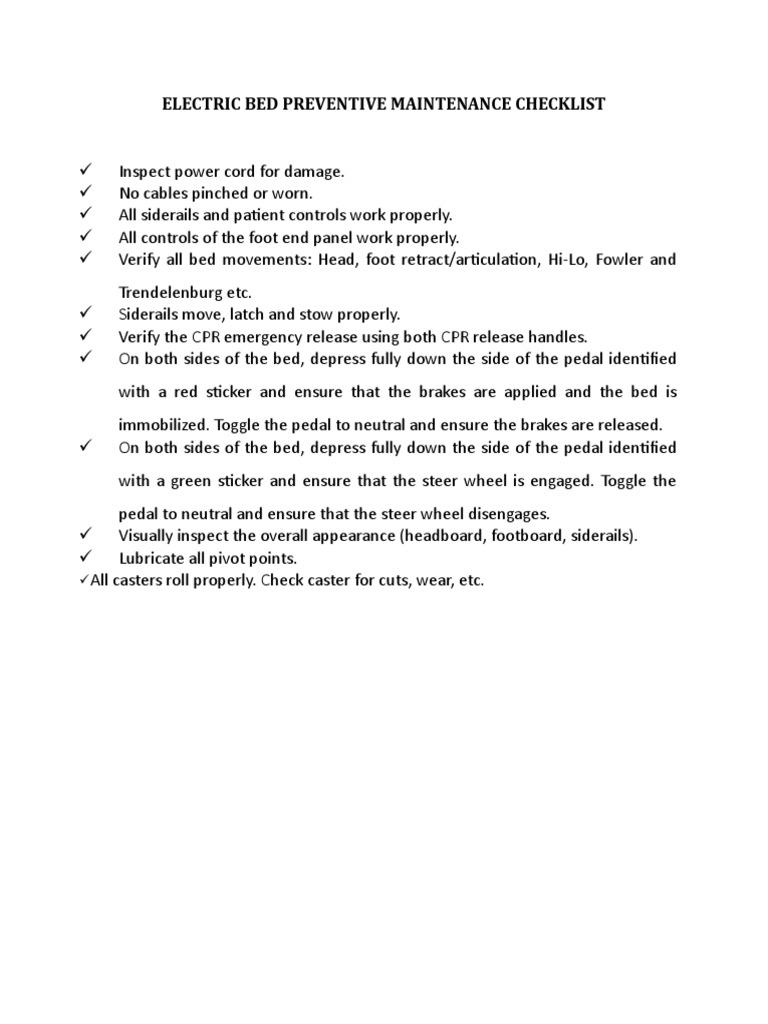 Electric Bed Preventive Maintenance Checklist | PDF