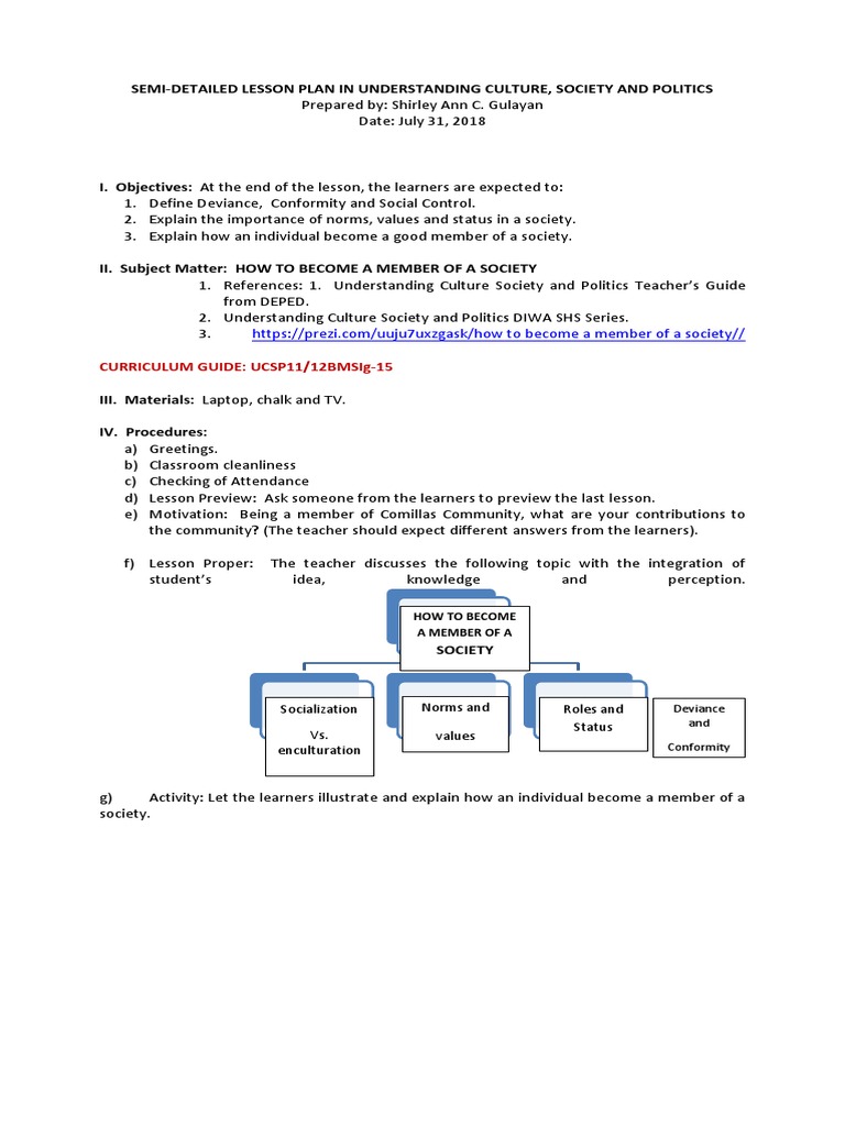 Lesson Plan in How To Become A Member of A Society | PDF | Society ...