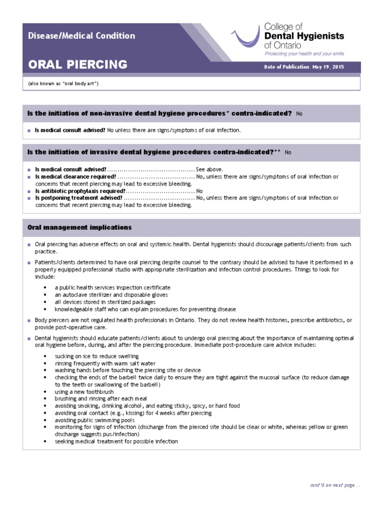 CDHO_Factsheet_Oral_Piercing.pdf | Hygiene | Dental Hygienist