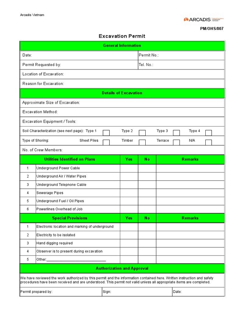 PM-OHS-007 Excavation Permit | PDF | Excavation (Archaeology) | Deep ...
