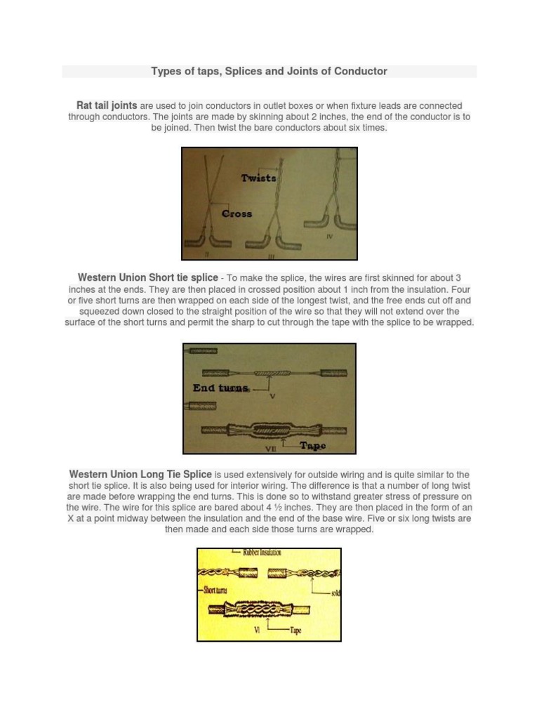 Types of Taps, Splices and Joints of Conductor | PDF | Lighting | Wire
