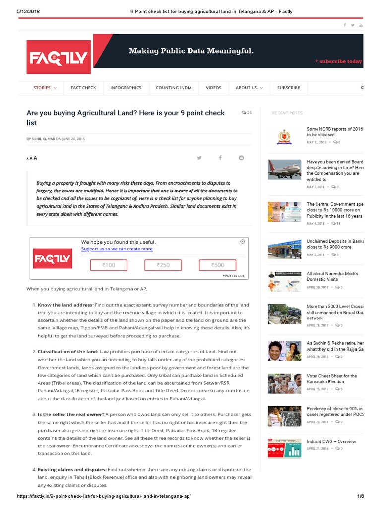 9 Point Check List For Buying Agricultural Land in Telangana & AP - Factly | PDF | Business