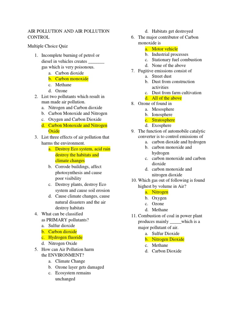 Air Pollution Quiz and Answers | PDF | Atmosphere Of Earth | Air Pollution