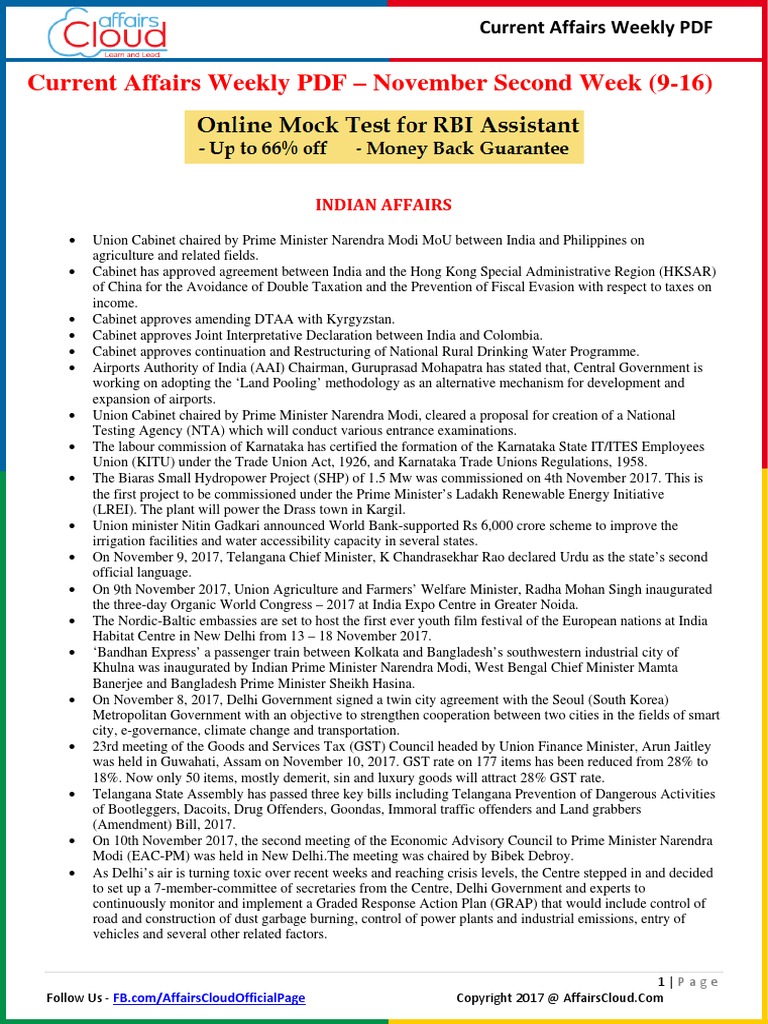 Current Affairs Weekly Pocket PDF 2017 - November (9-16) by ...