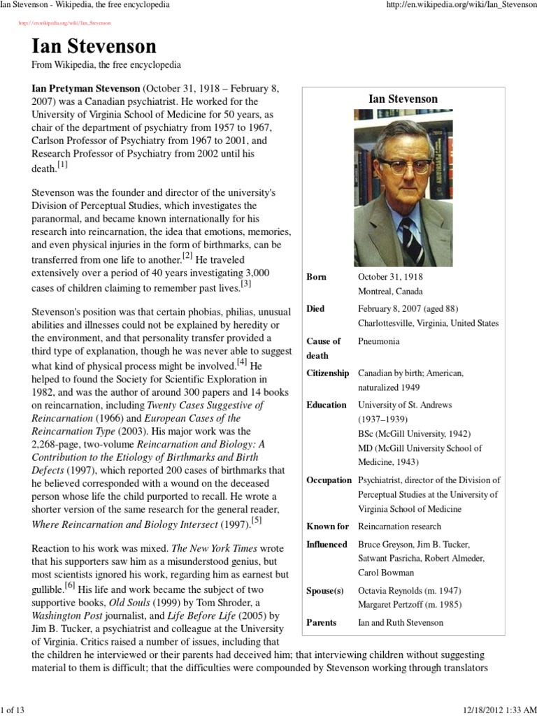Ian Stevenson - Wikipedia | Parapsychology | Paranormal
