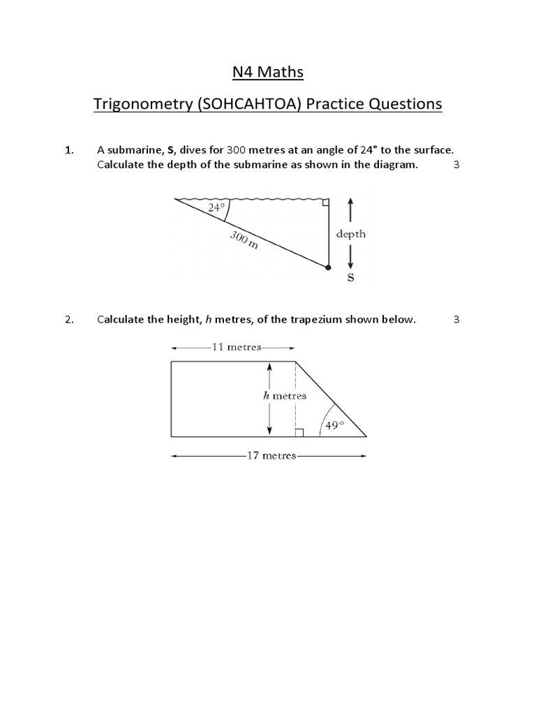 N4 Maths SOHCAHTOA Practice Questions2 | PDF | Trigonometric Functions ...
