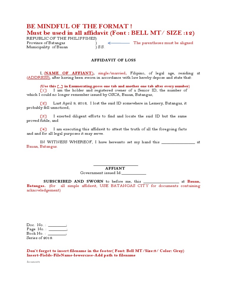 Be Mindful of The Format ! Must Be Used in All Affidavit (Font: BELL MT ...