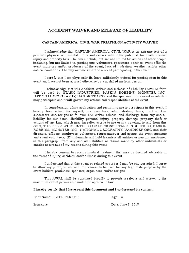 Sample Liability Waiver | PDF | Waiver | Indemnity