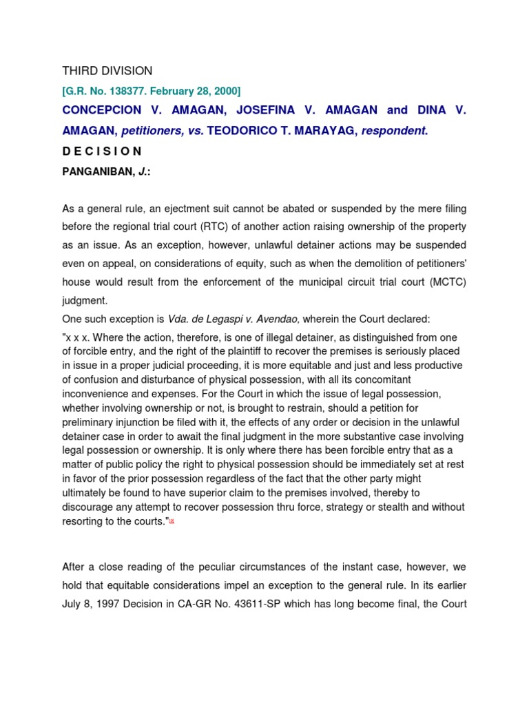 Ejectment Suit Suspension Ruling | PDF | Equity (Law) | Lawsuit