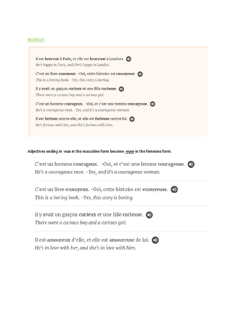 Heureux: Adjectives Ending in - Eux in The Masculine Form Become - Euse ...