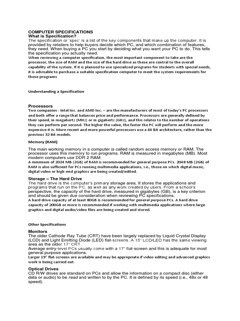 Computer Specifications - Docx g10 | PDF | Personal Computers | Dvd