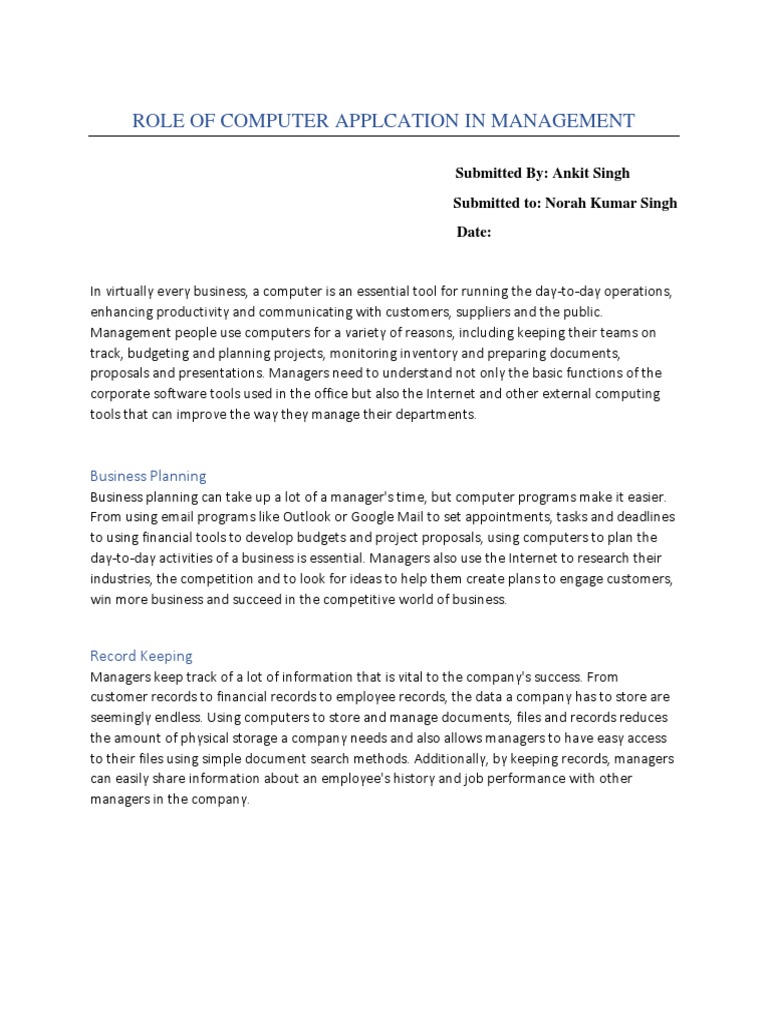 Role of Computer Application in Management | PDF | Internet | Software
