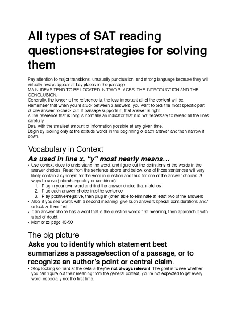 SAT Reading Question Types and Strategies | PDF | Question | Narration