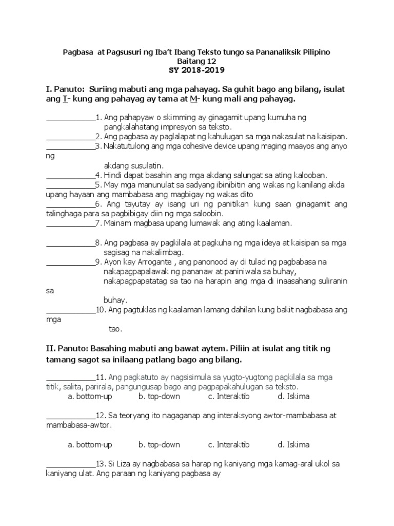 Pagsusulit Sa Pagbasa 1-25 | PDF