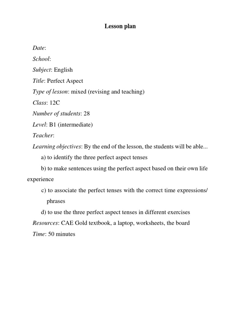 Perfect Aspect - Lesson Plan 12C - Upload | PDF | Semiotics | Education ...
