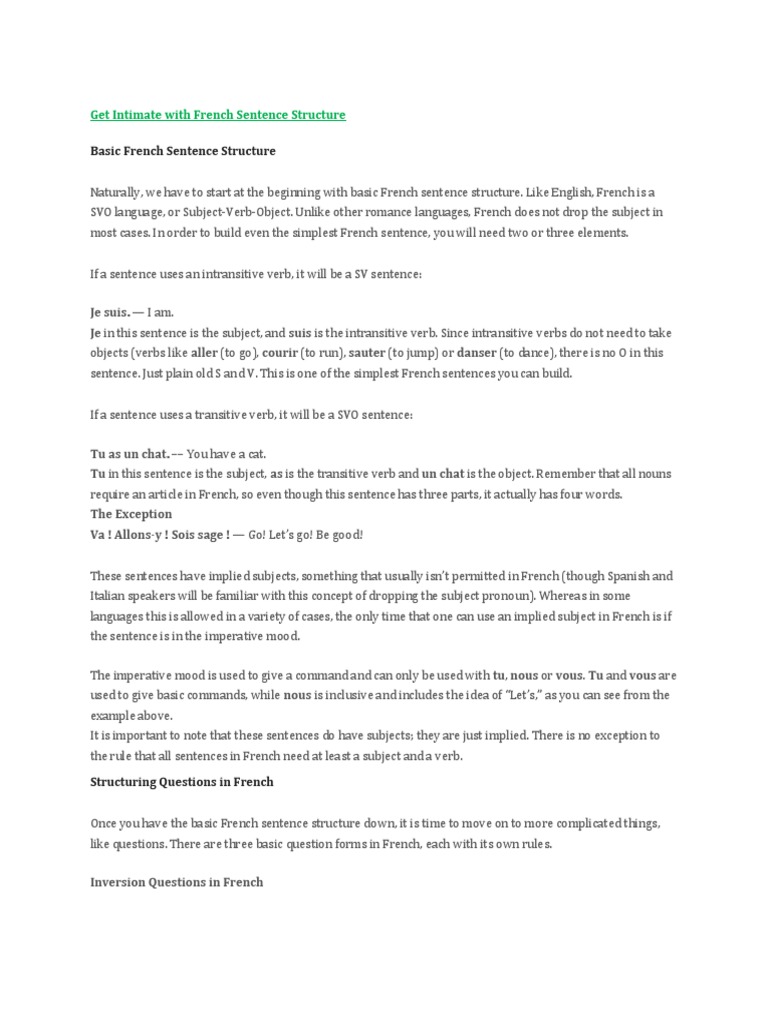 French Sentence Structure Essentials | PDF | Subject (Grammar) | French ...