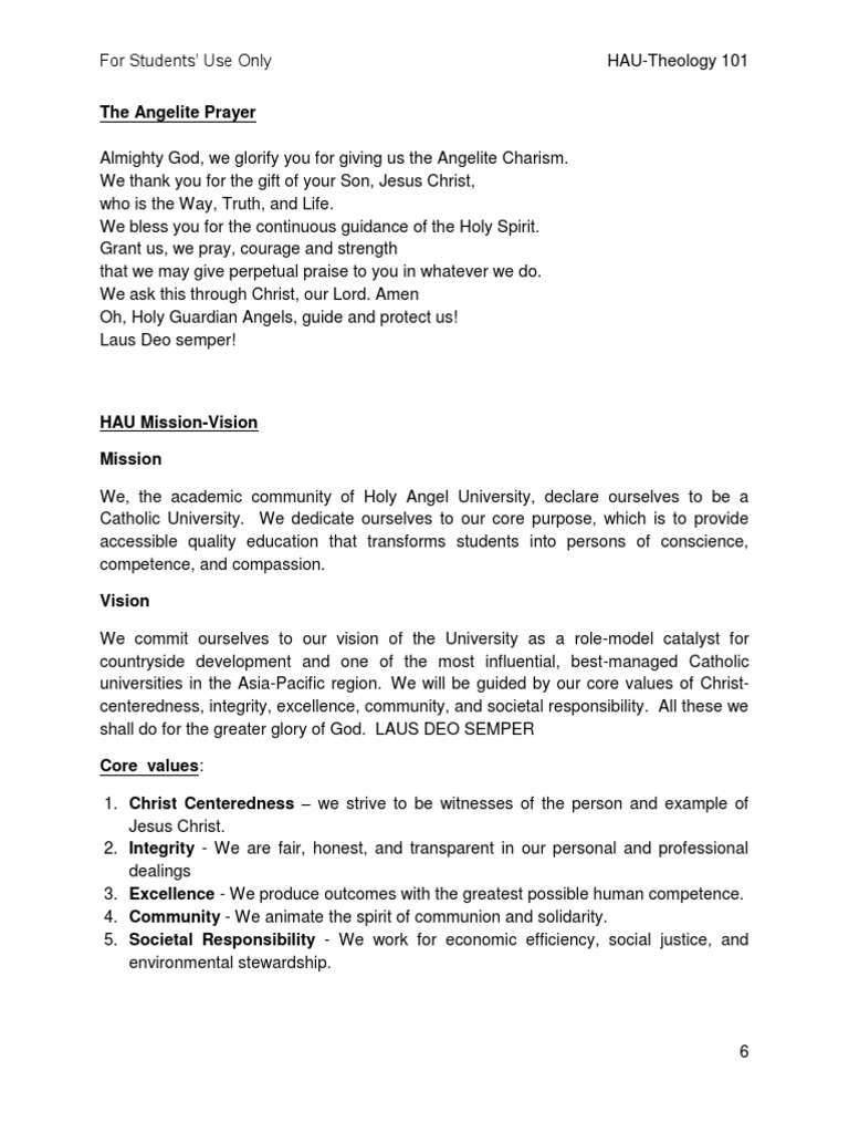The Angelite Prayer and HAU Mission-Vision | PDF | Angel | Jesus