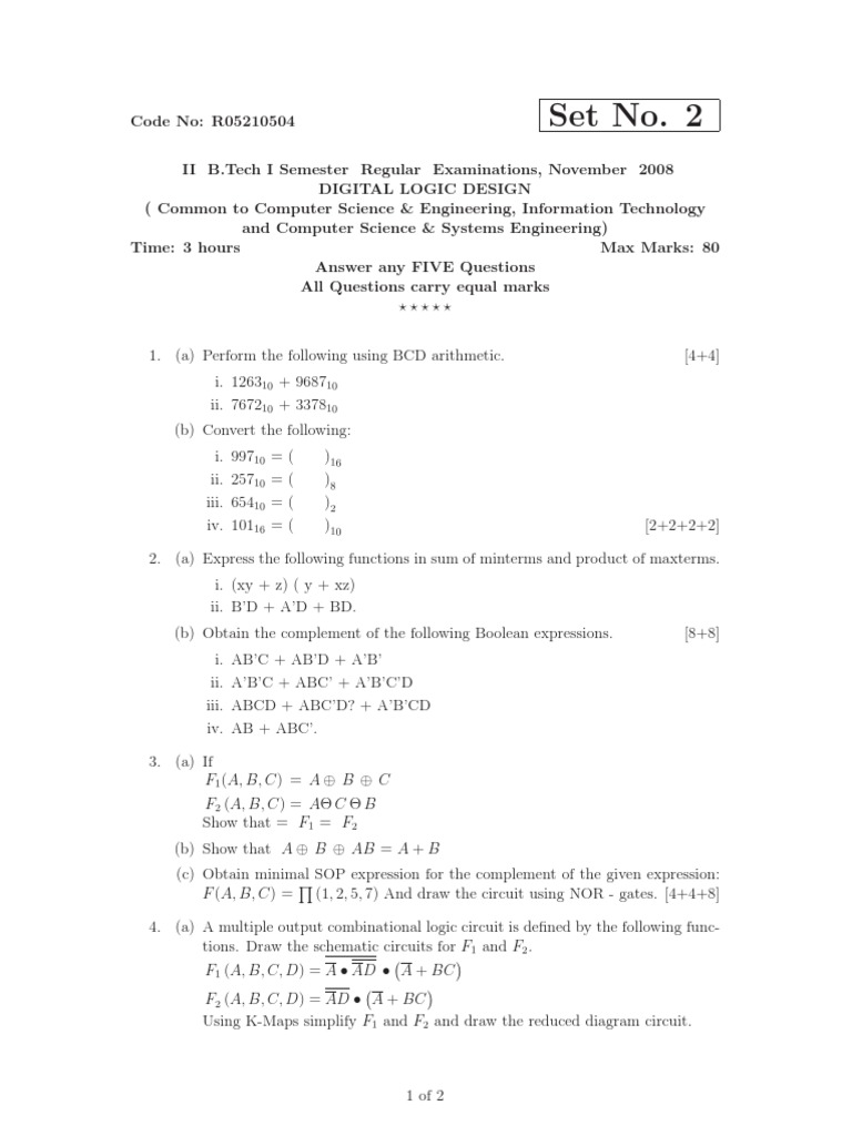 (WWW - Entrance-Exam - Net) - JNTU, B.tech, CSE, Digital Logic Design Sample Paper 1 PDF | PDF ...