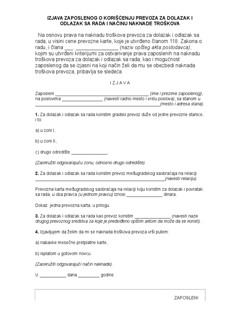 Izjava Zaposlenog o Korišćenju Prevoza Za Dolazak I Odlazak Sa Rada I ...