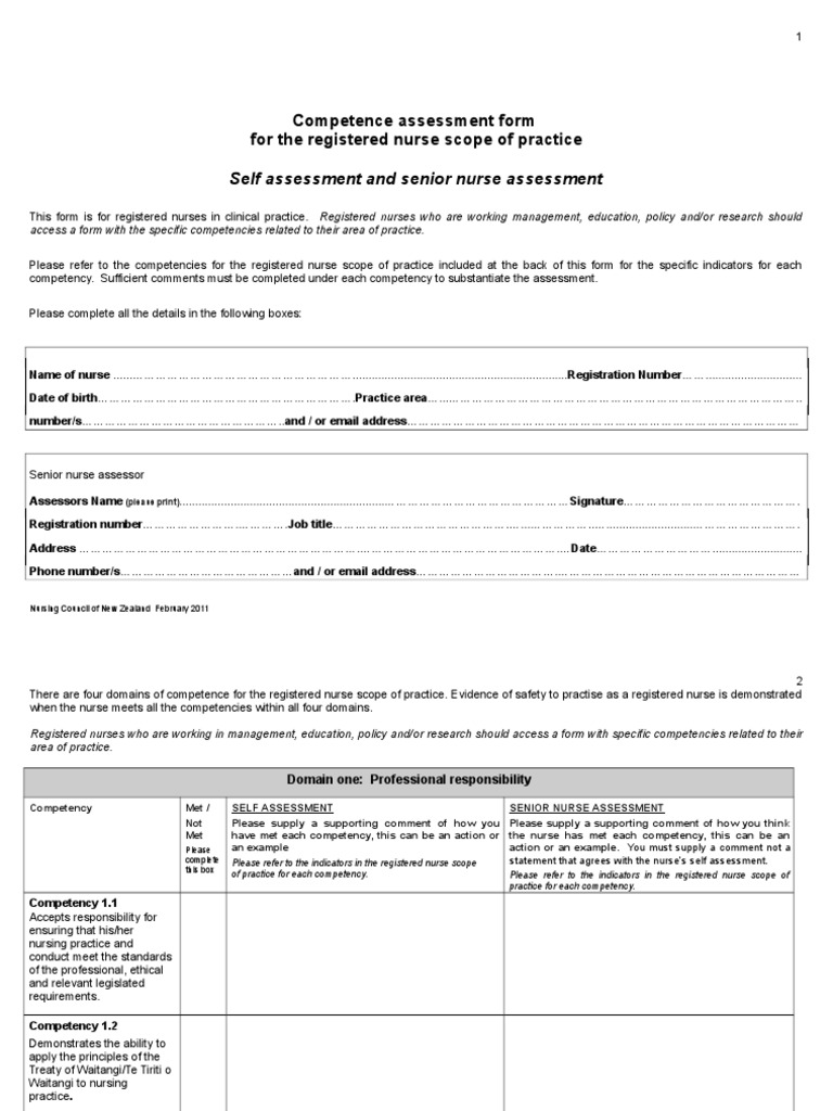 Registered Nurse Combined Self and Senior Nurse Assessment Form ...