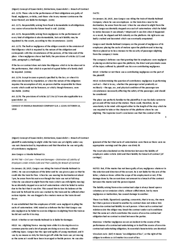 (Digest) Concept of Quasi-Delict Distinctions Quasi-Delict v. Breach of ...