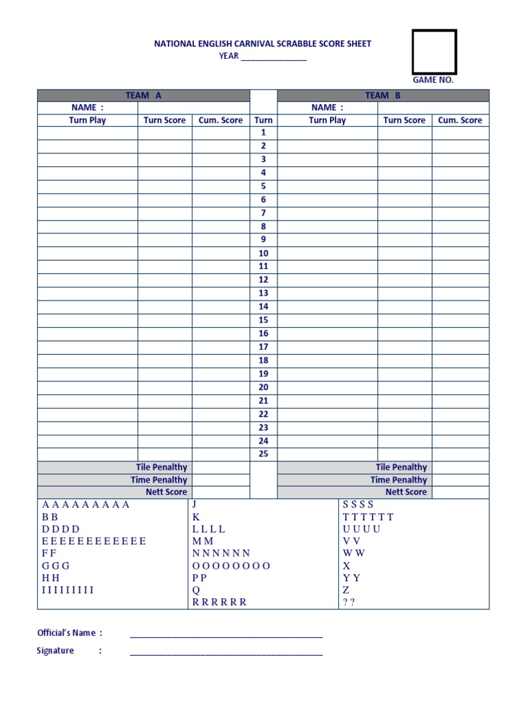 National English Carnival Scrabble Score Sheet | PDF | Leisure