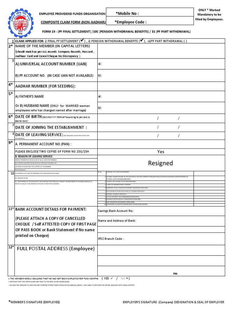 New PF Withdrwal Form 19 & 10c PDF | PDF | Cheque | Banks