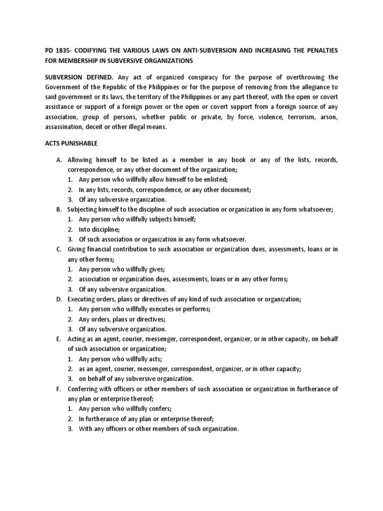PD 1835-Anti Subversion Law | PDF | Justice | Crime & Violence