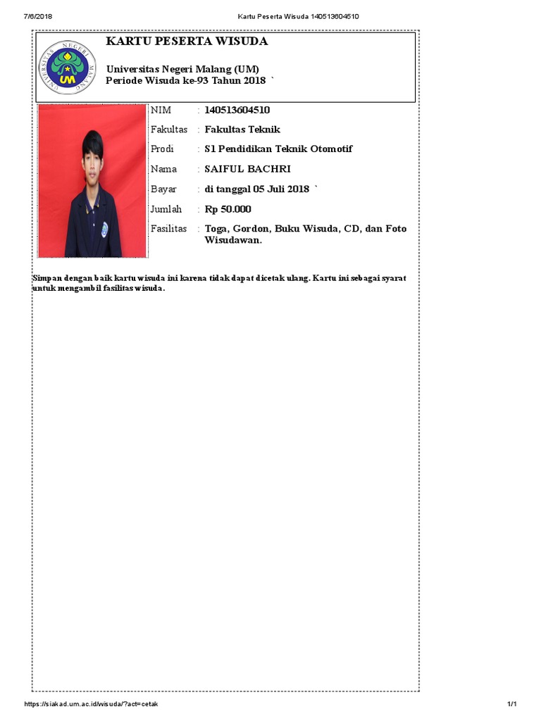 Kartu Peserta Wisuda SAIFUL BACHRI PDF | PDF
