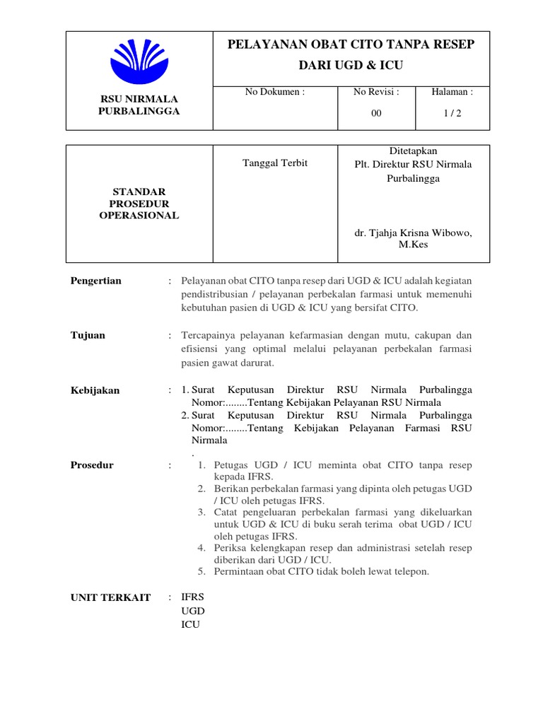 SPO Pelayanan Obat CITO Tanpa Resep Dari IGD Dan ICU | PDF