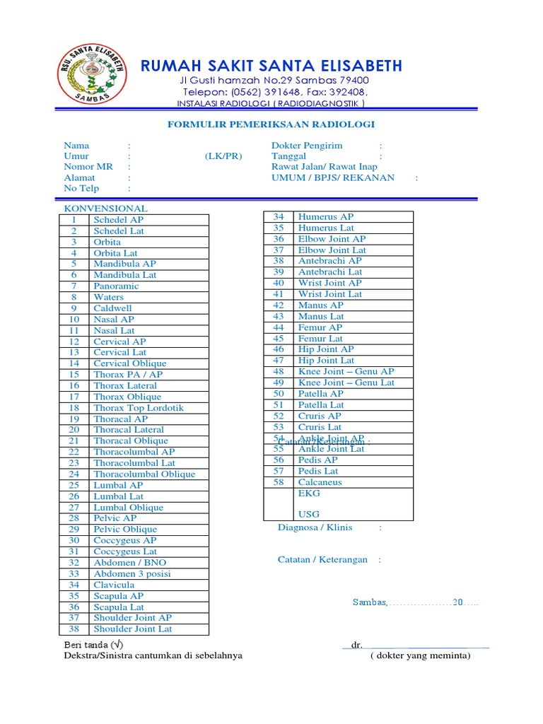 Rumah Sakit Santa Elisabeth: Formulir Pemeriksaan Radiologi | PDF