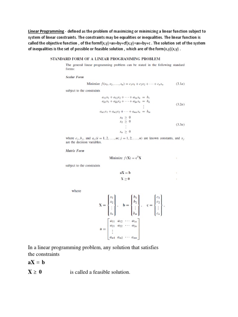 Linear Programming - Defined As The Problem of Maximizing or Minimizing ...