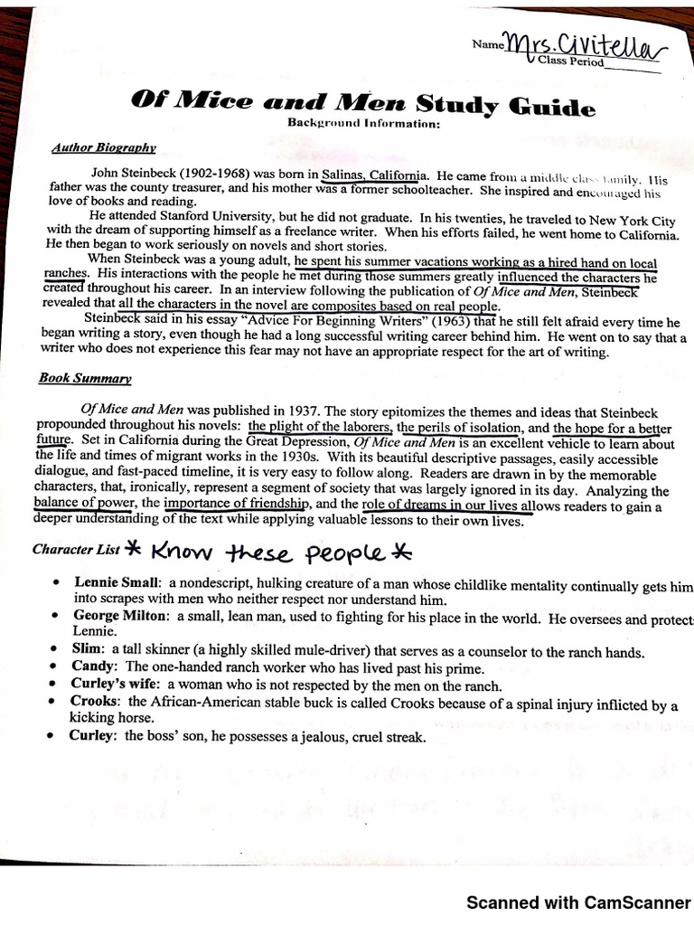 Of Mice and Men Study Guide With Answers | PDF