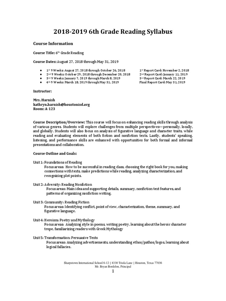 6th Grade Reading Syllabus | Download Free PDF | Homework | Poetry