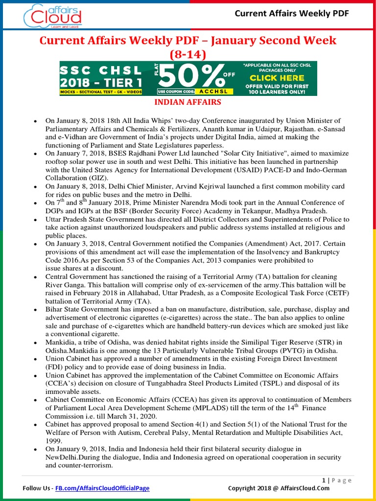 Current Affairs Weekly Pocket Pdf 2018 January 8 14 By Affairscloud