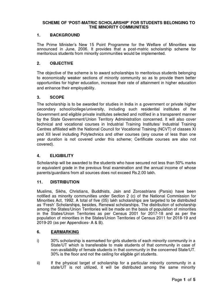 Scheme of Post-Matric Scholarship' For Students Belonging To The ...