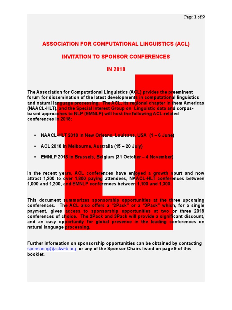 Association For Computational Linguistics (Acl) Invitation To Sponsor ...