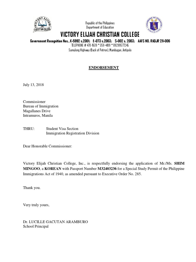 Endorsement Letter Registrar | PDF | Travel Visa | Philippines