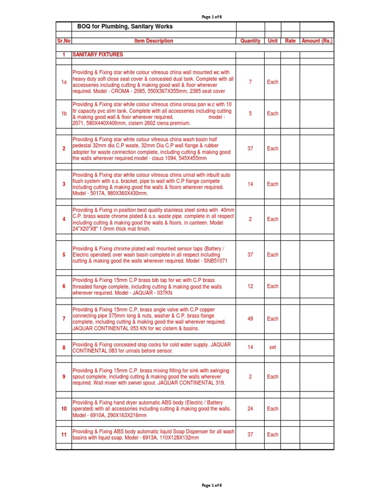 Plumbing Works - Sample BOQ.pdf | Mortar (Masonry) | Concrete