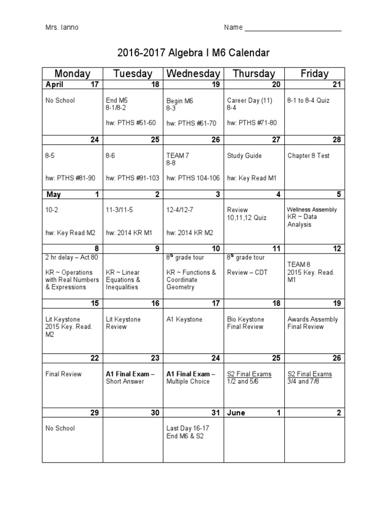 2016-2017 Algebra I M6 Calendar Monday Tuesday Wednesday Thursday ...