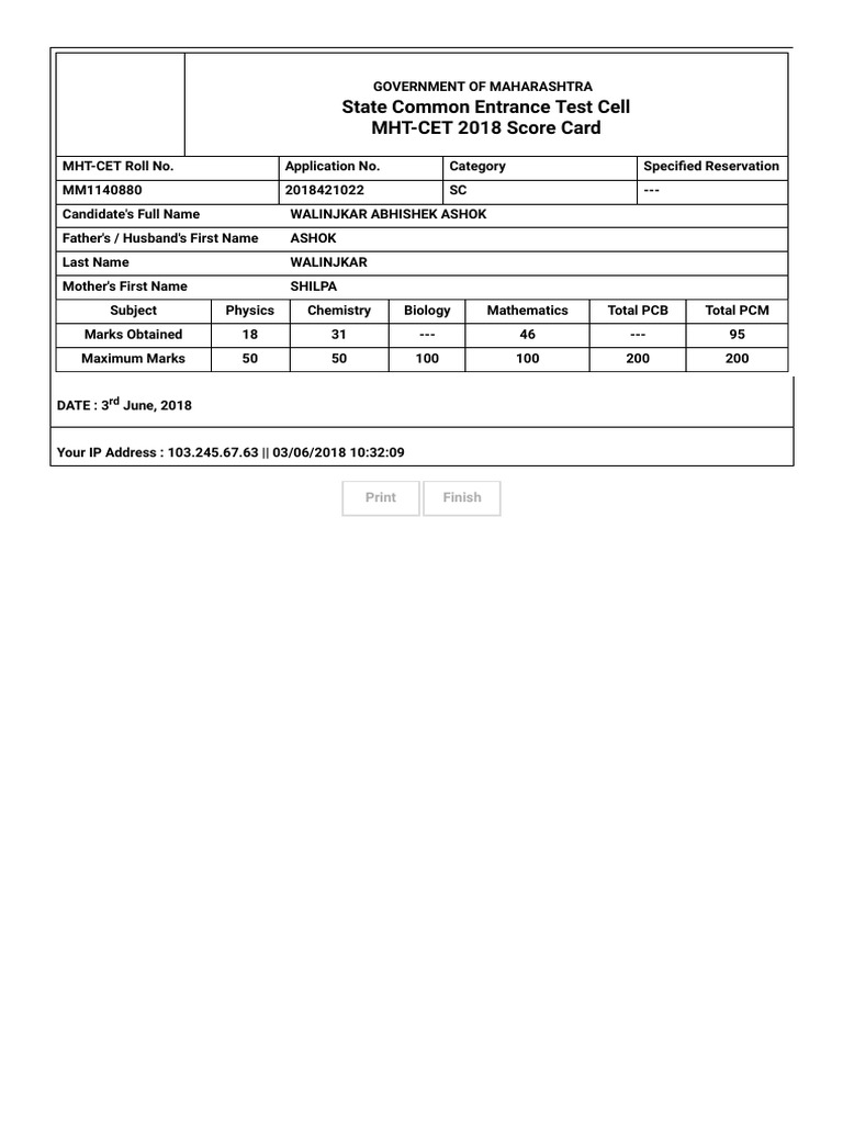 Mht-Cet 2018 Score Card | PDF
