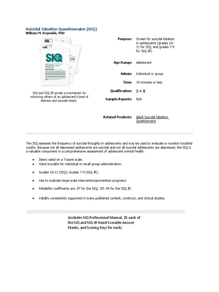 Adolescent Suicidal Ideation Questionnaire | PDF | Neuroscience ...