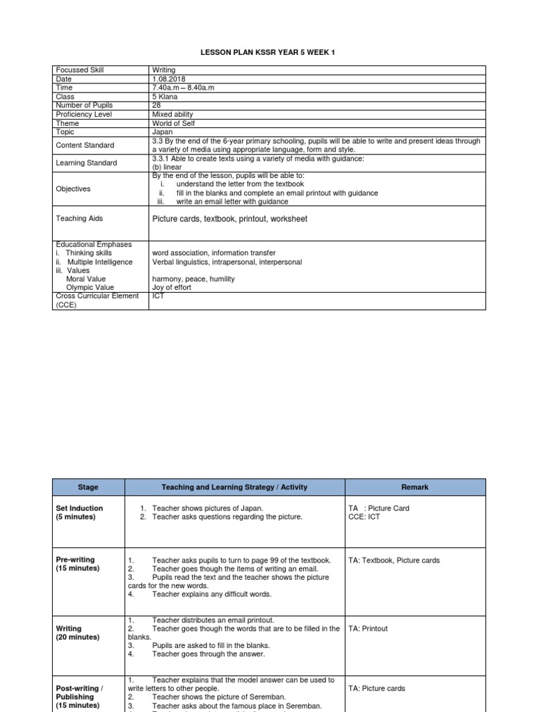 Lesson Plan KSSR Year 5 Week 1: Picture Cards, Textbook, Printout ...